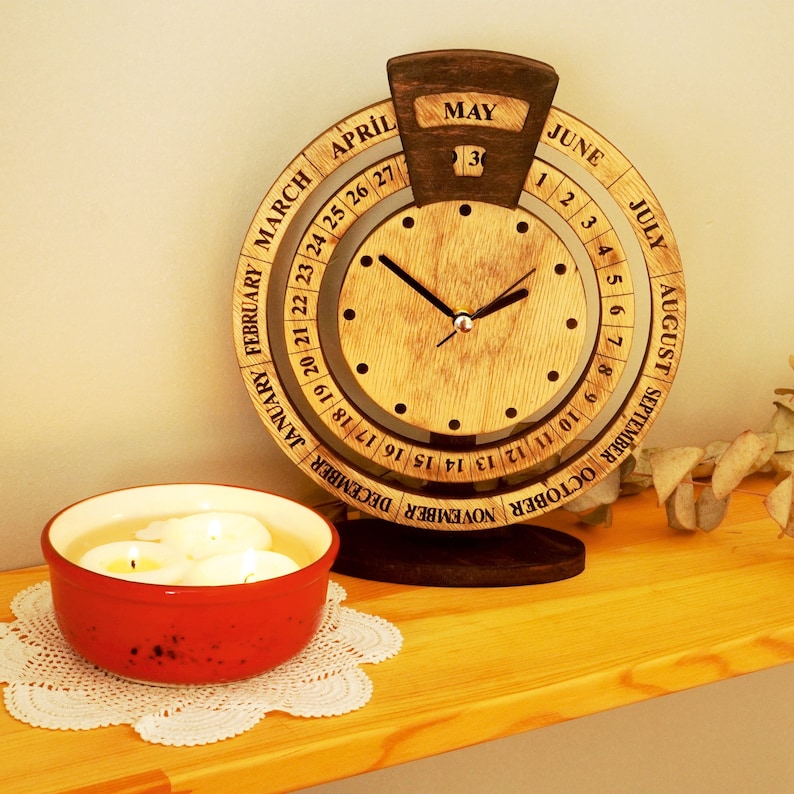 7.87" Wooden Table Clock,calendar Clock,wood Clock Desk,gift Clock for ...