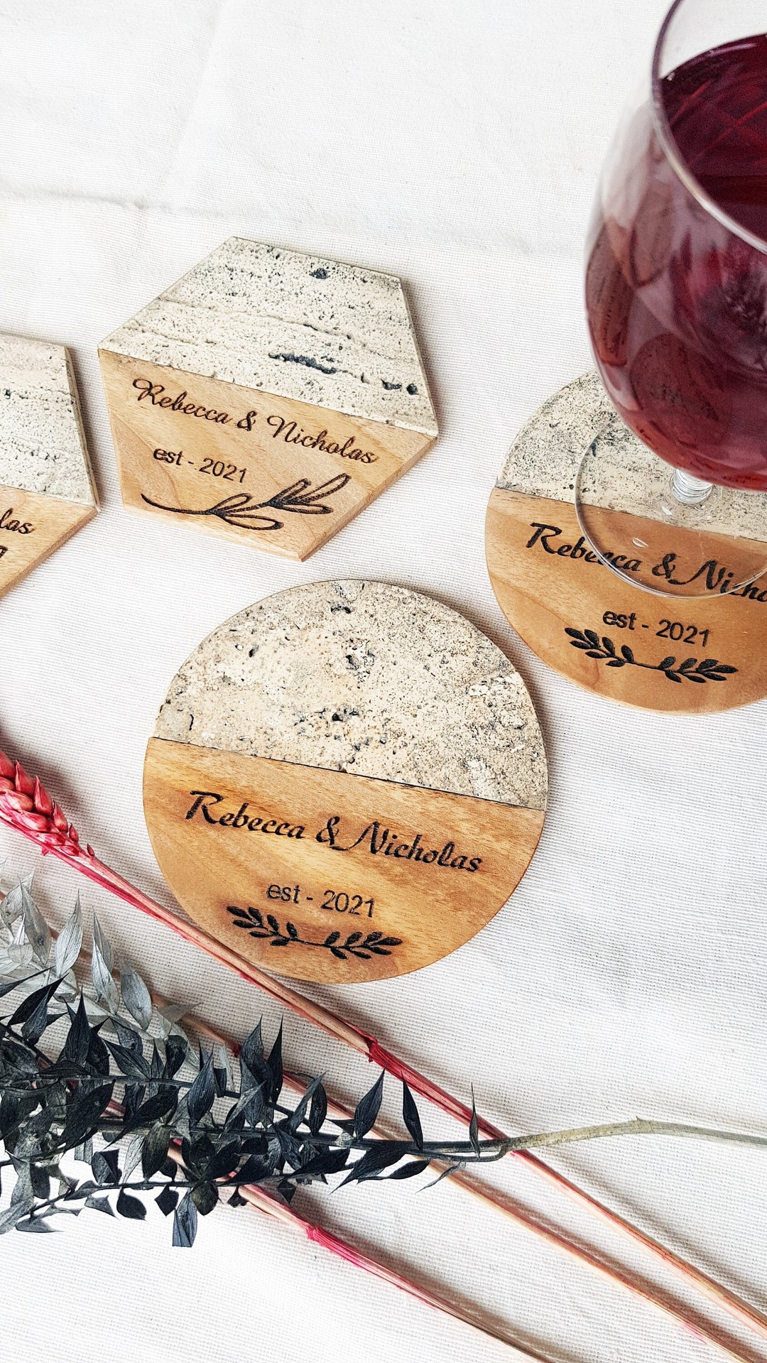 Custom Engraved Marble Wood Coasters | Personalized Gifts Coaster Set ...