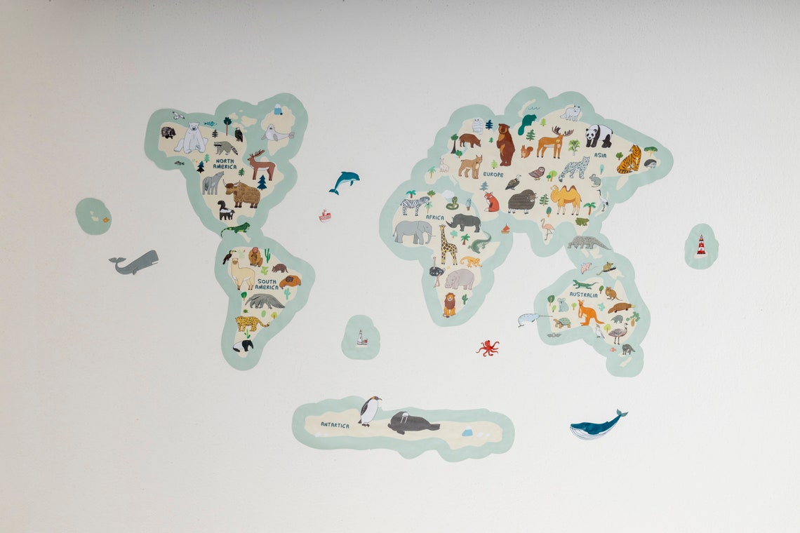 Kids World Map Decal Animals Map Vinyl Decal World Map Kids Sticker - Etsy