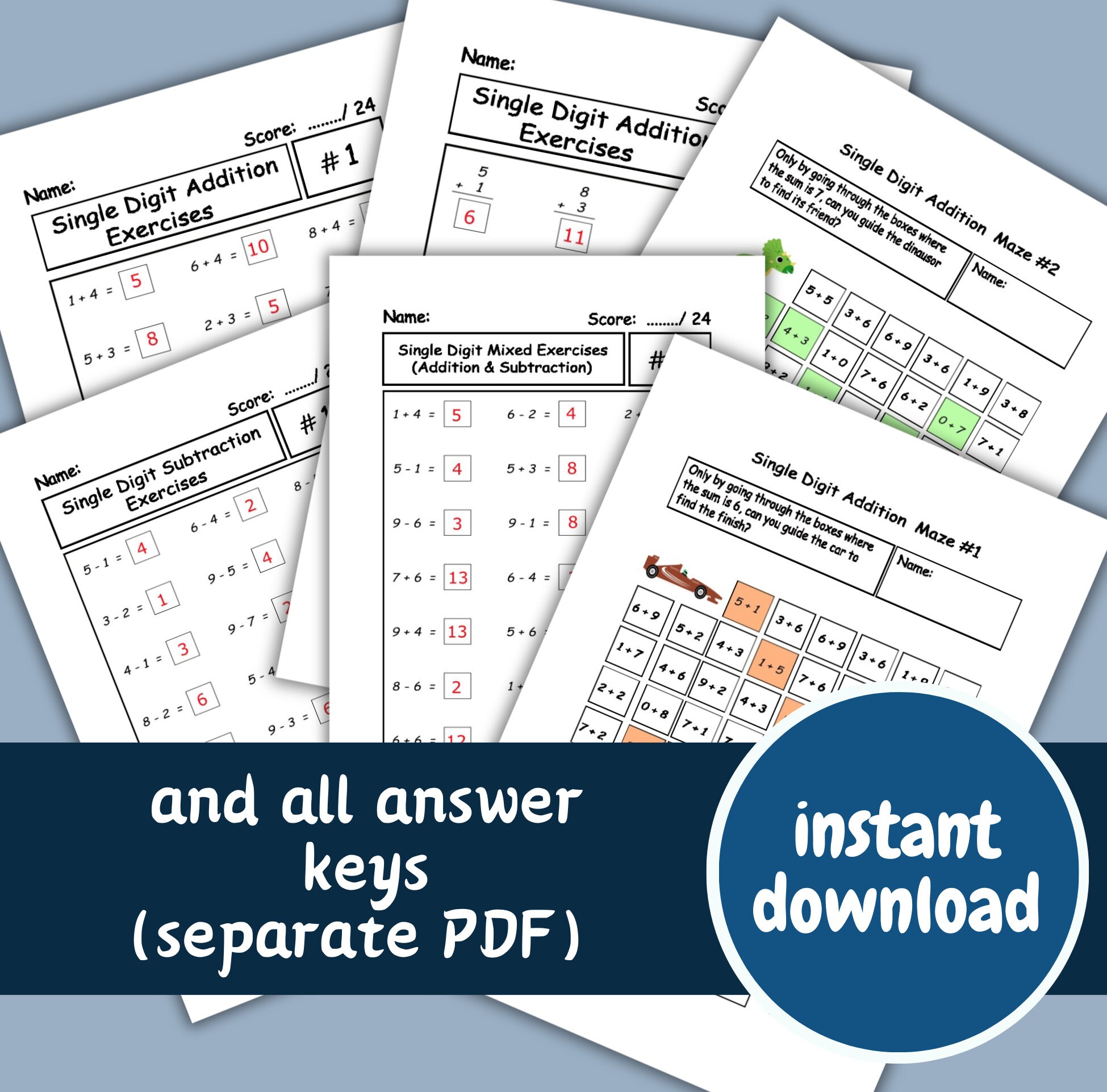 First Grade Math Worksheets for Kids, Single Digit Addition Subtraction ...