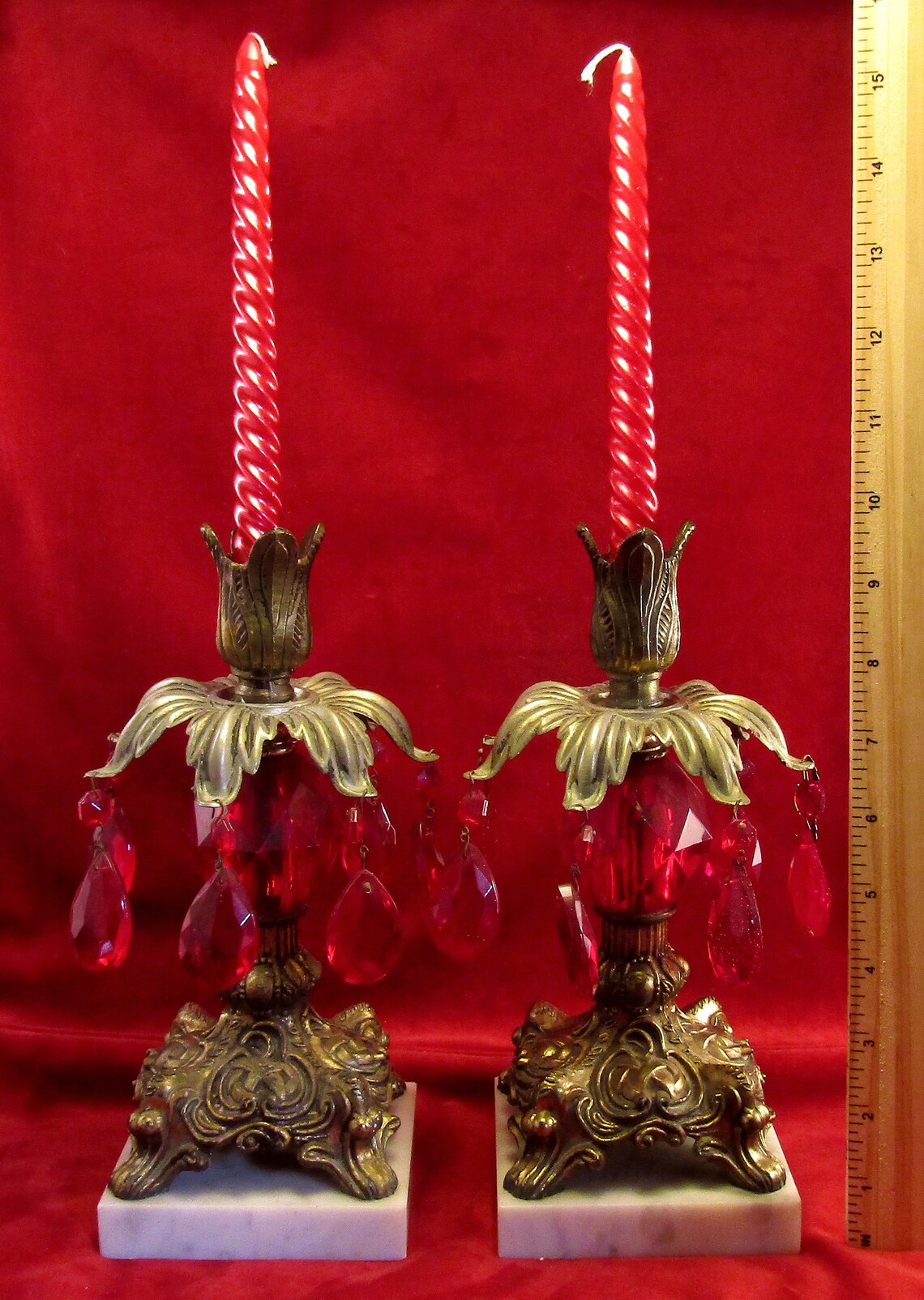 VTG Pair Bronzed Metal Candle Holders Cranberry Crystal/glass Prisms ...