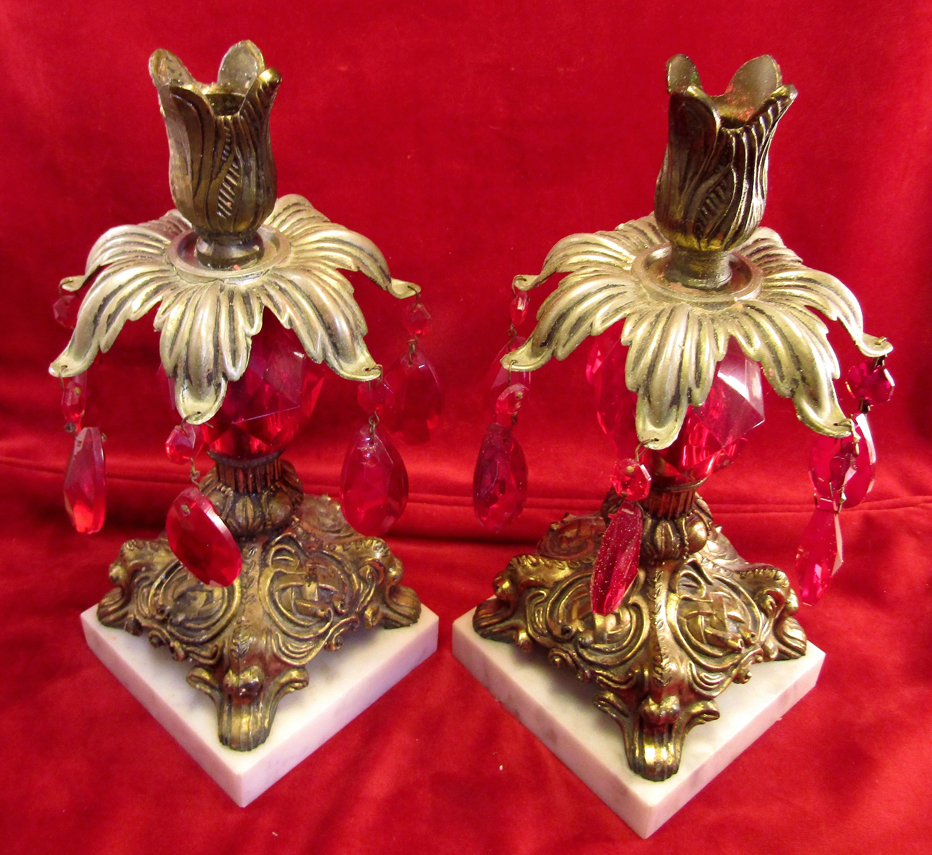VTG Pair Bronzed Metal Candle Holders Cranberry Crystal/glass Prisms ...