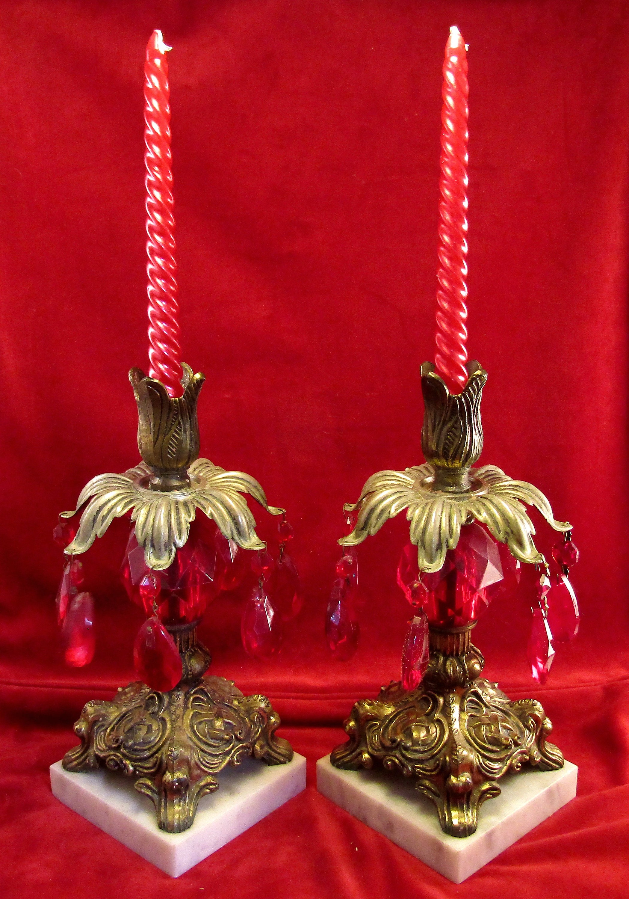 VTG Pair Bronzed Metal Candle Holders Cranberry Crystal/glass Prisms ...