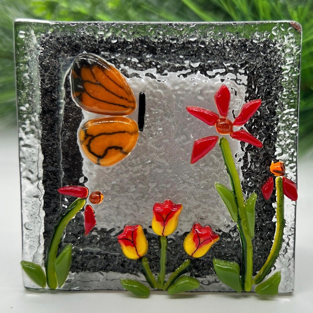 LED Night Light Glass Design With Butterfly and Flowers - Etsy