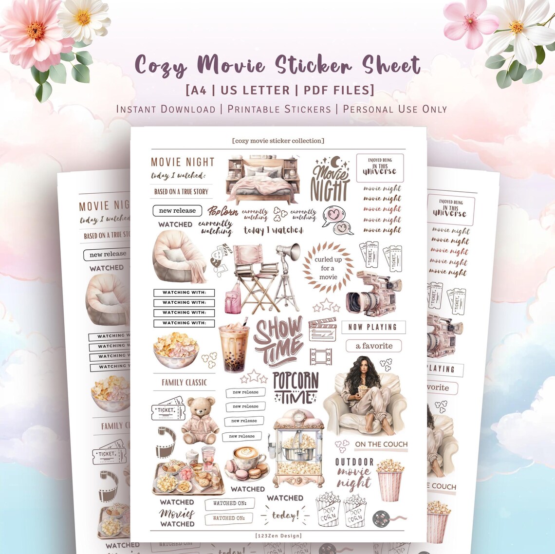 A4 and US Letter - Cozy Movie Printable Sticker Sheet - Etsy