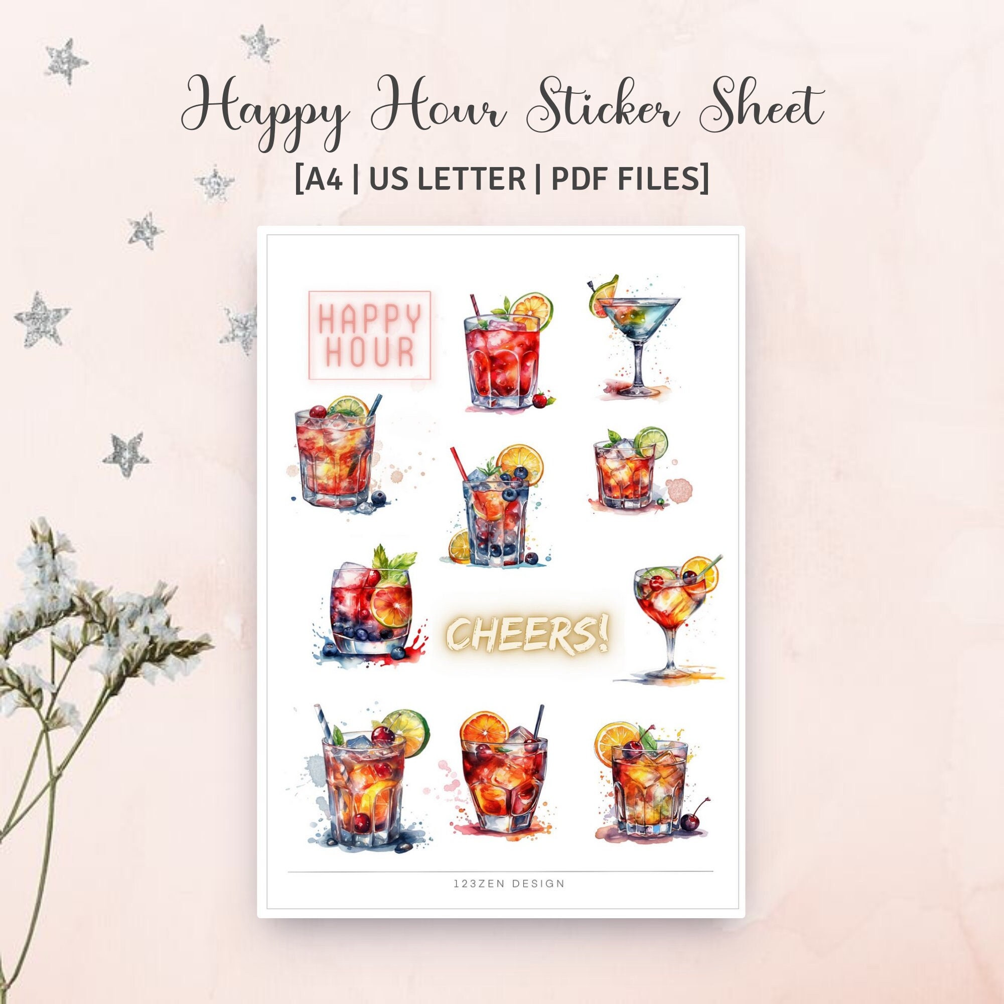 A4 and US LETTER - Happy Hour Printable Sticker Sheet - Etsy