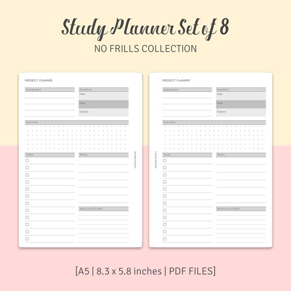 A5 SIZE No Frills Collection Study Planner Set of 8 - Etsy