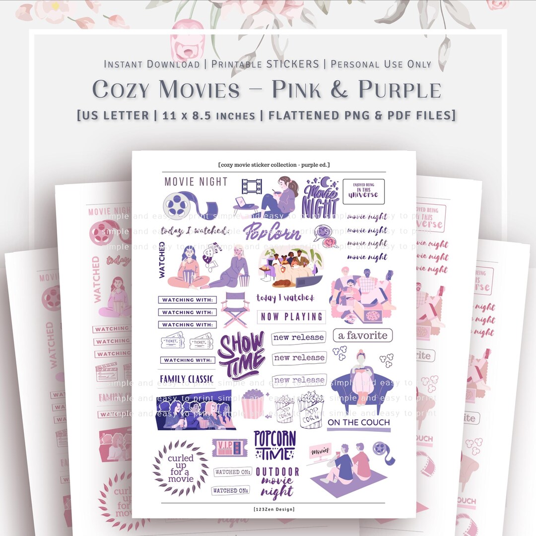 US LETTER - Cozy Movies Printable Sticker Set - Pink and Purple - Etsy