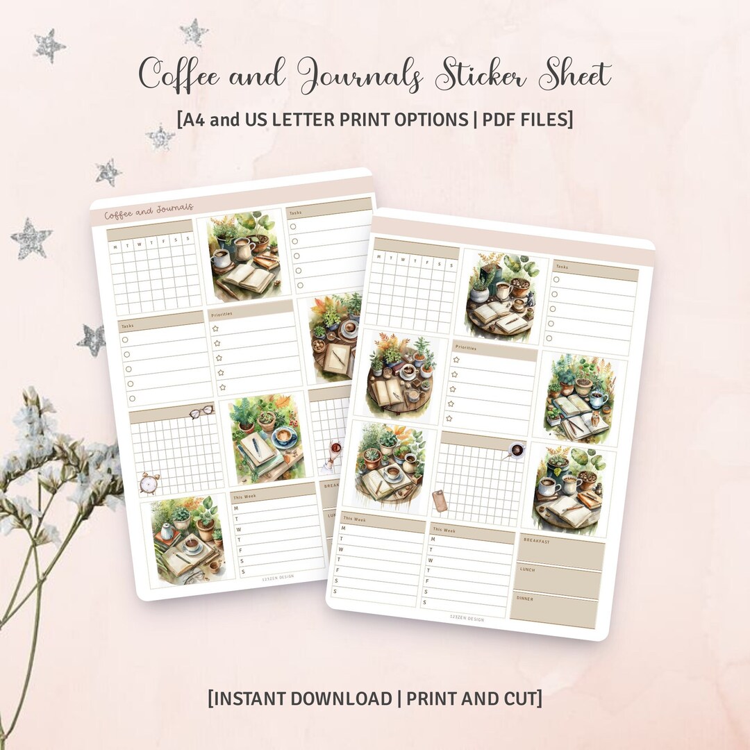 A4 and US LETTER - Coffee and Journals Sticker Sheet - Etsy