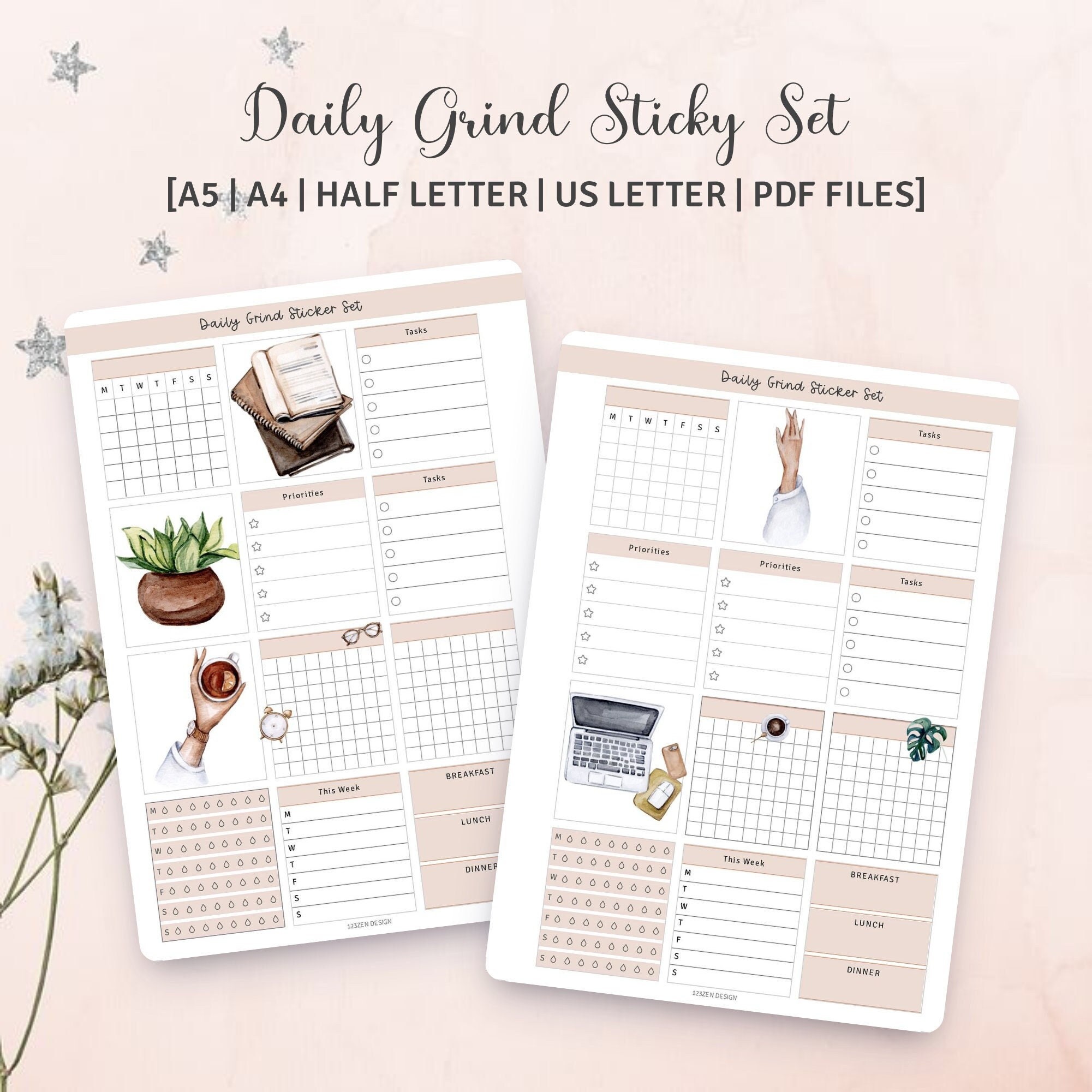 A5, A4, Half Letter and US Letter - Daily Grind Printable Sticky Set - Etsy