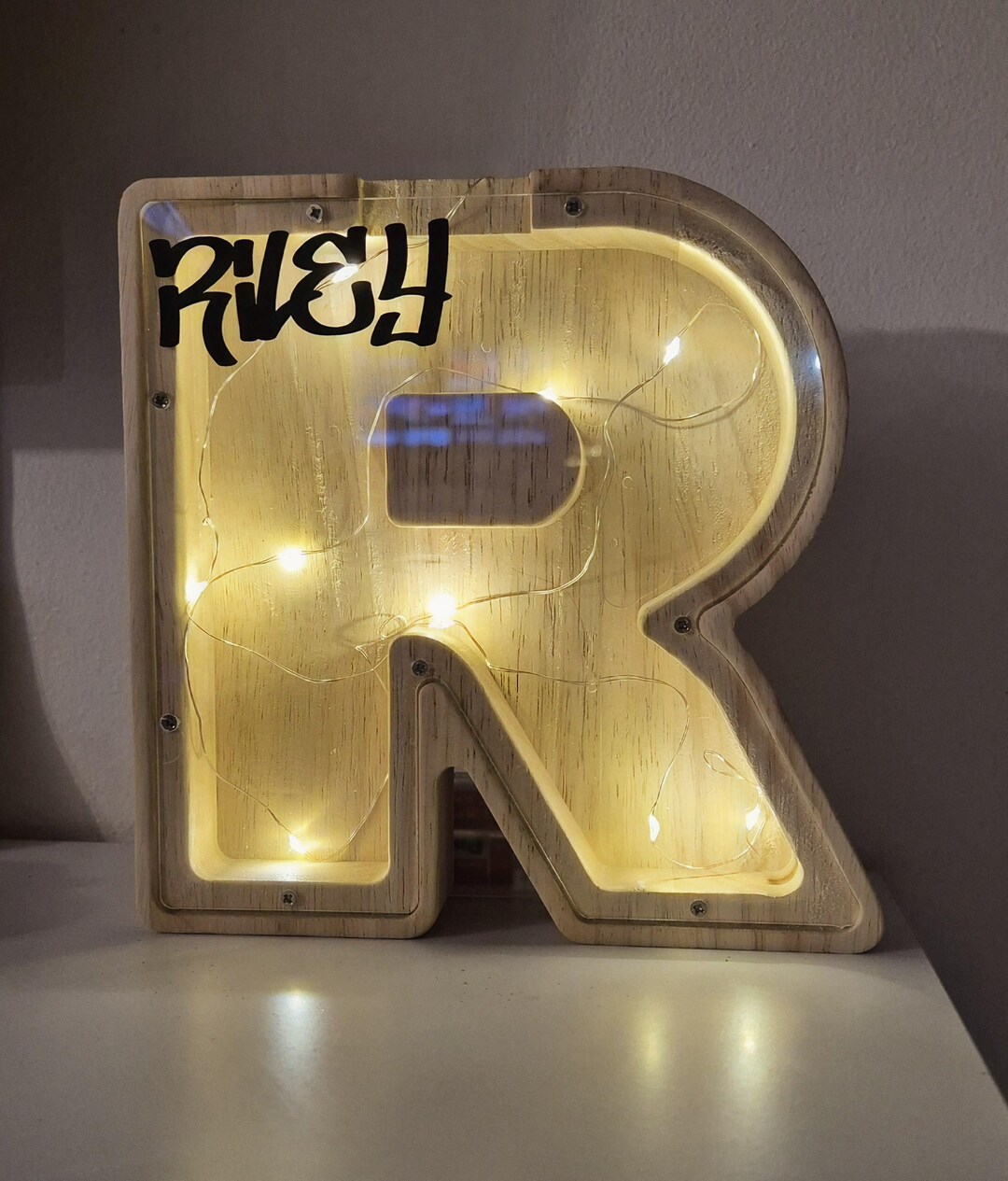 Personalised Wooden Letter Money Box, Custom Piggy Bank, Led Light up ...