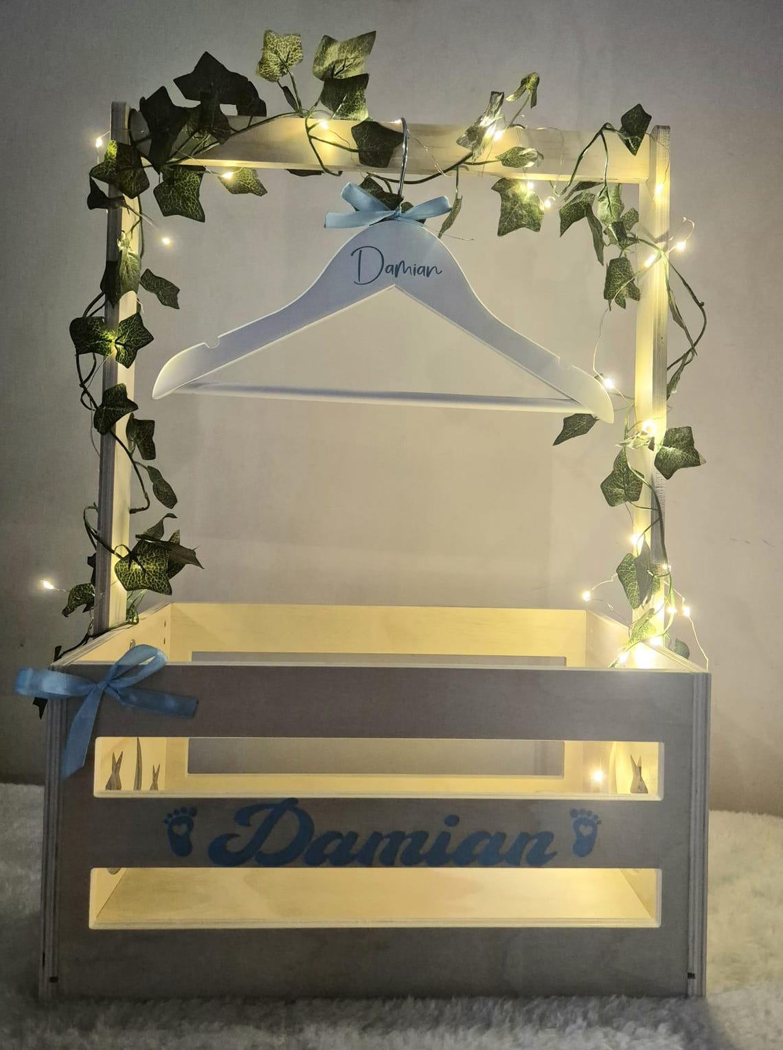 Personalised Baby Hamper Wooden Crate With Clothing Rail and Hangers ...