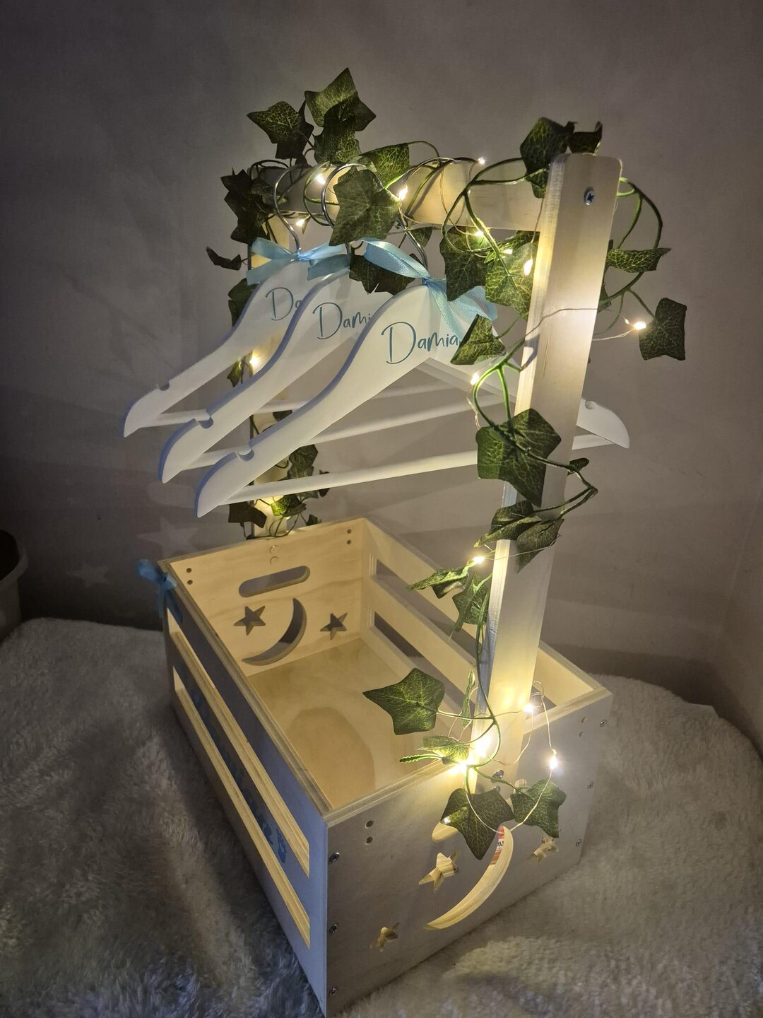 Personalised Baby Hamper Wooden Crate With Clothing Rail and Hangers ...