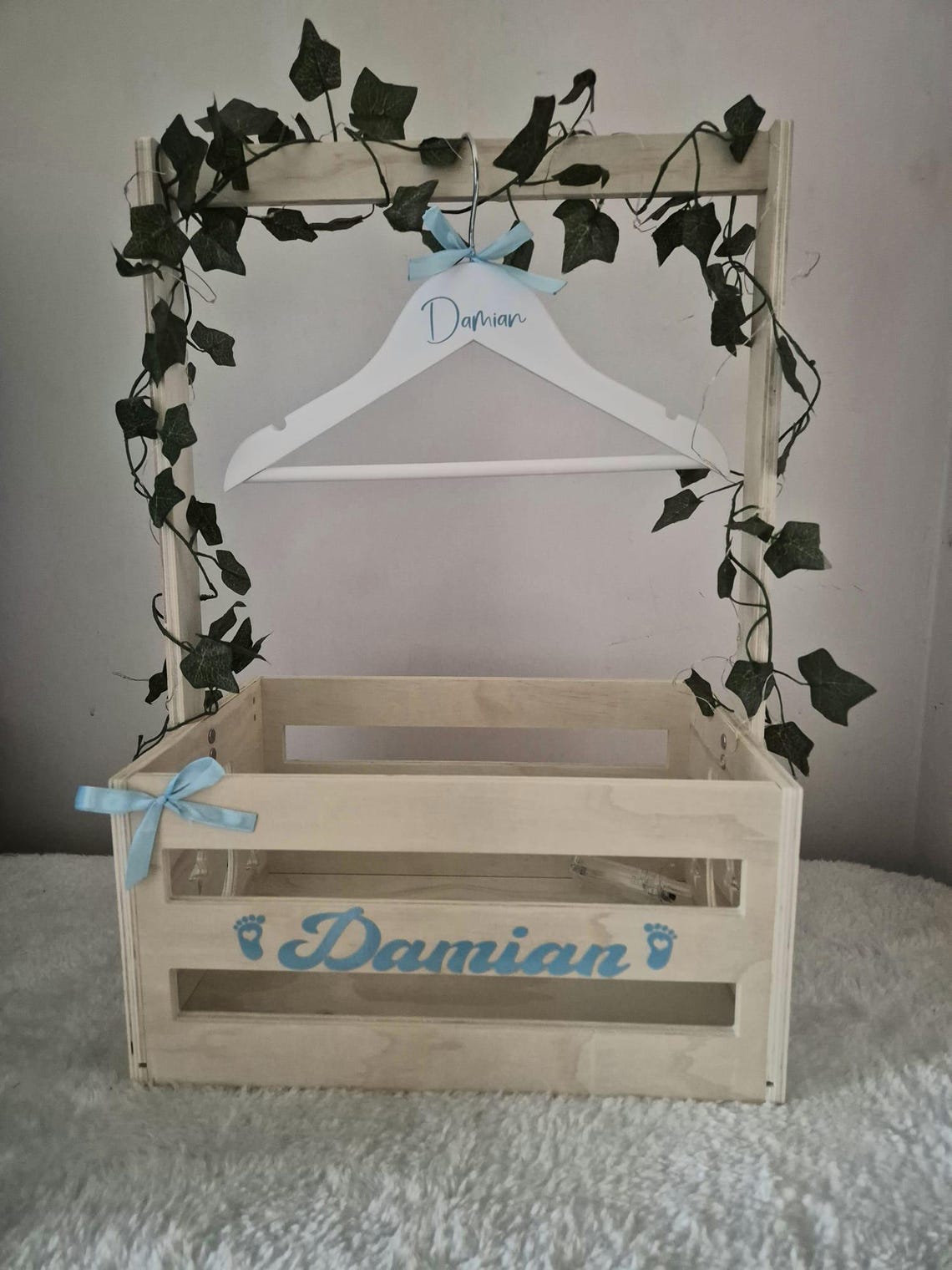 Personalised Baby Hamper Wooden Crate With Clothing Rail and Hangers ...