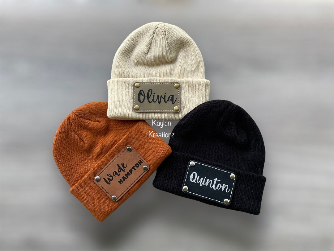 Personalized Name Baby Knit Beanie Hat, Custom Leather Patch Beanies ...
