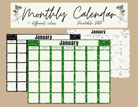 Math Themed Printable Calendars 3 Colors Included - Etsy