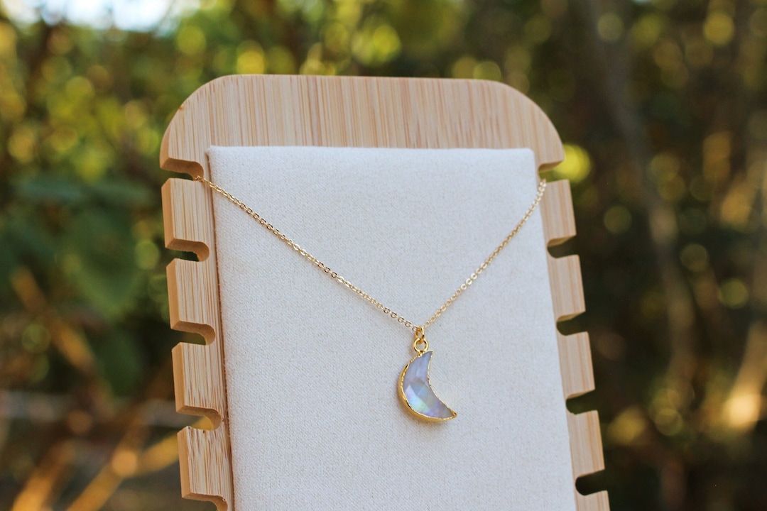 Rainbow Moonstone Moon Necklace 14k Gold-plated Chain Tiny - Etsy