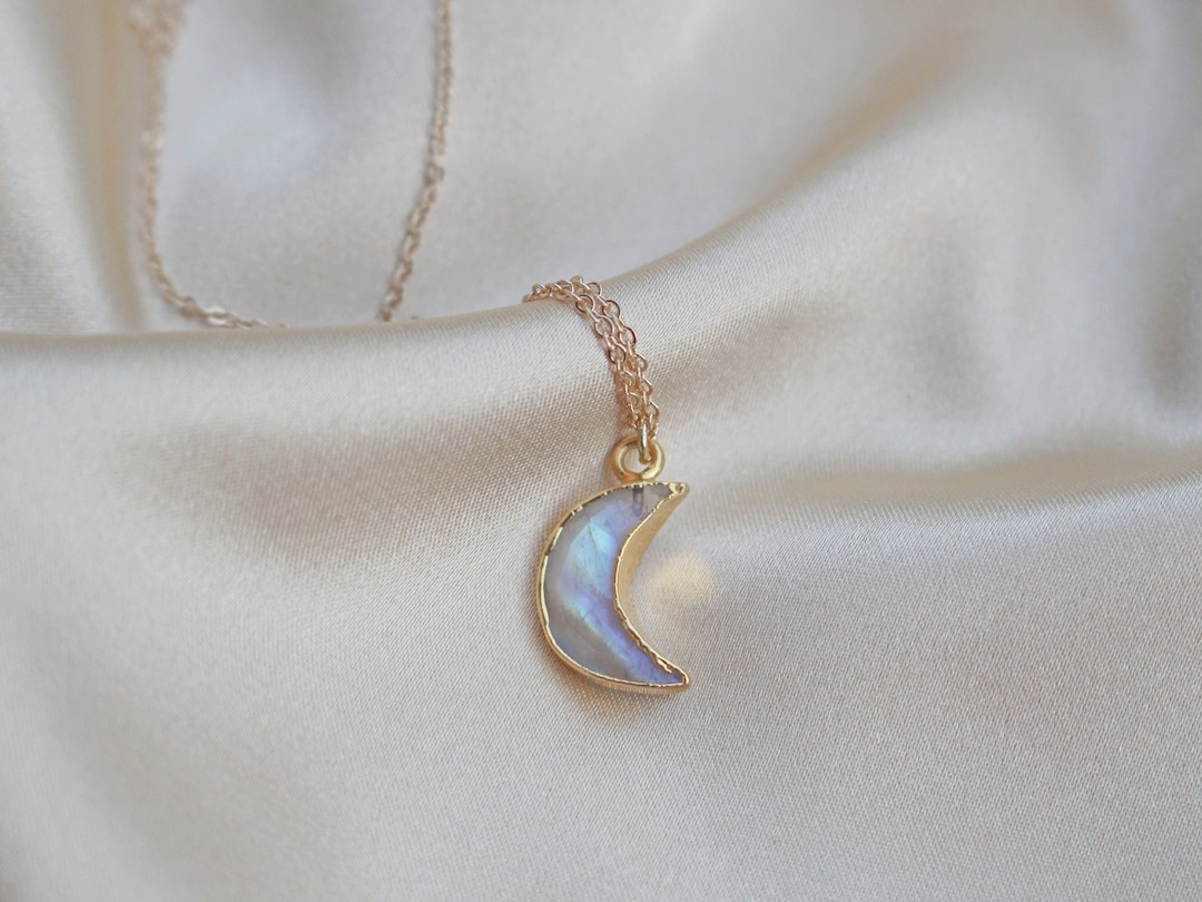 Rainbow Moonstone Moon Necklace, 14k Gold-plated Chain, Tiny Dainty ...