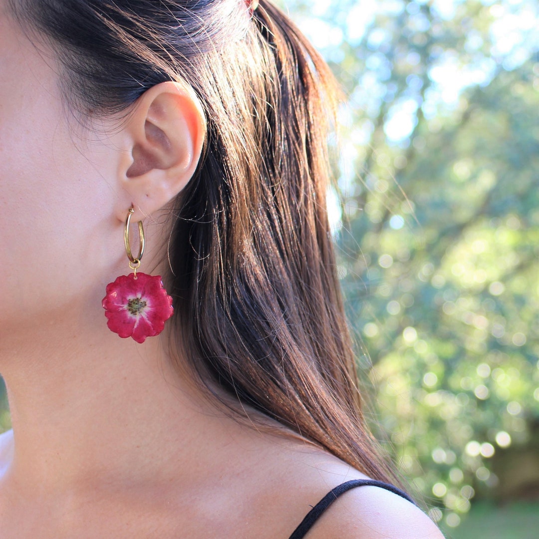 Real Red Hibiscus Flower Dried and Pressed in Resin, Minimalist Hoops ...