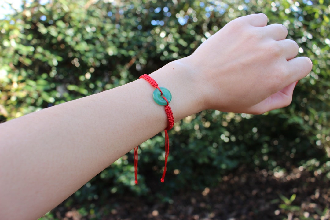 Green Jade Bracelet & Red Silk String, Tiny Minimalist Pi Round Donut ...
