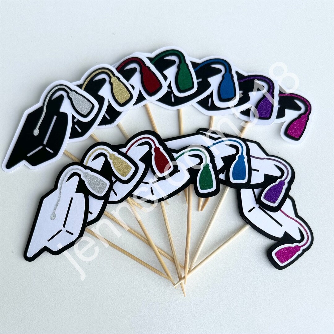 Graduation Cap 24 Cupcake Toppers, Caps With Glitter Tassel, Grad Party ...