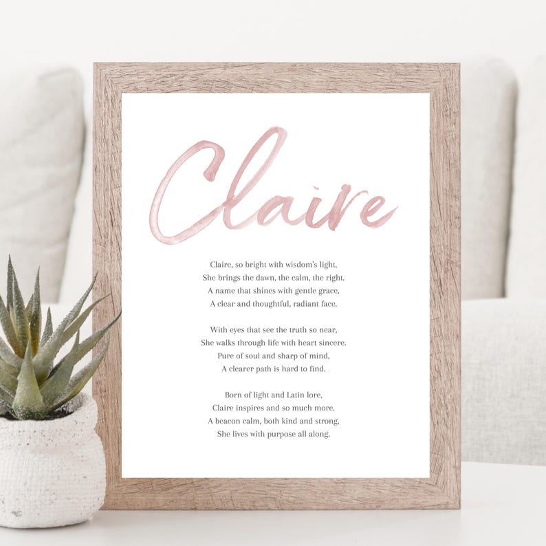Claire Baby Name Meaning Poem Baby Names Nursery Sign Girl Names ...