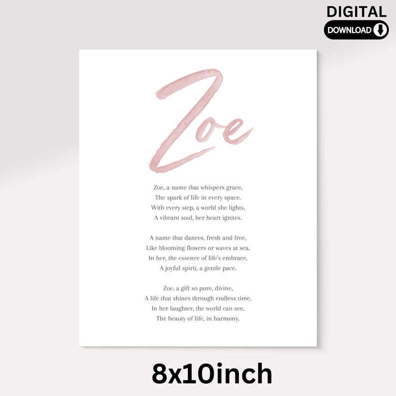 Zoe Baby Name Meaning Poem Baby Names Nursery Sign Girl Names Printable ...