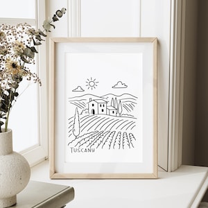 Tuscany Landscape Line Art Print, Italy Digital Download, Minimalist ...