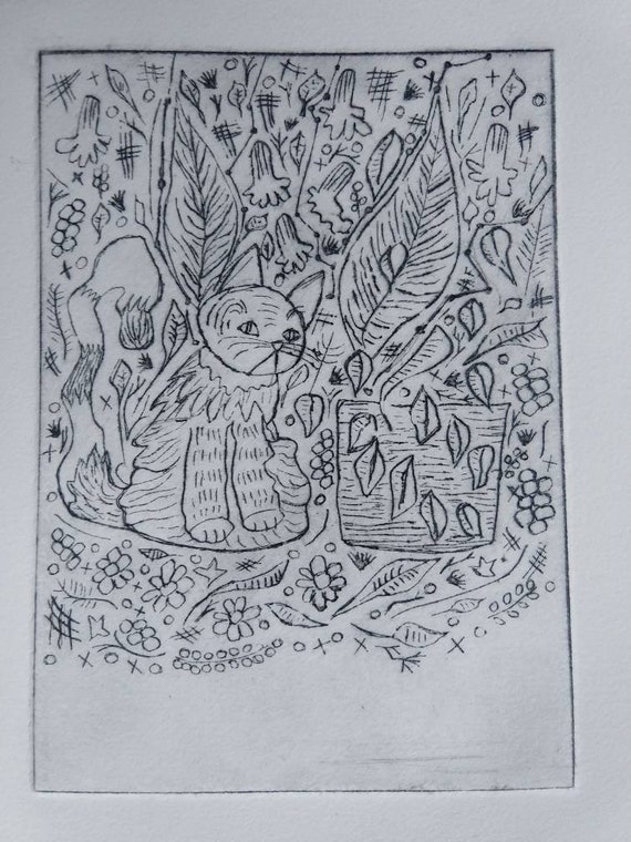 Kitty in the Garden Intaglio Copperplate Etching Print 2020 | Etsy