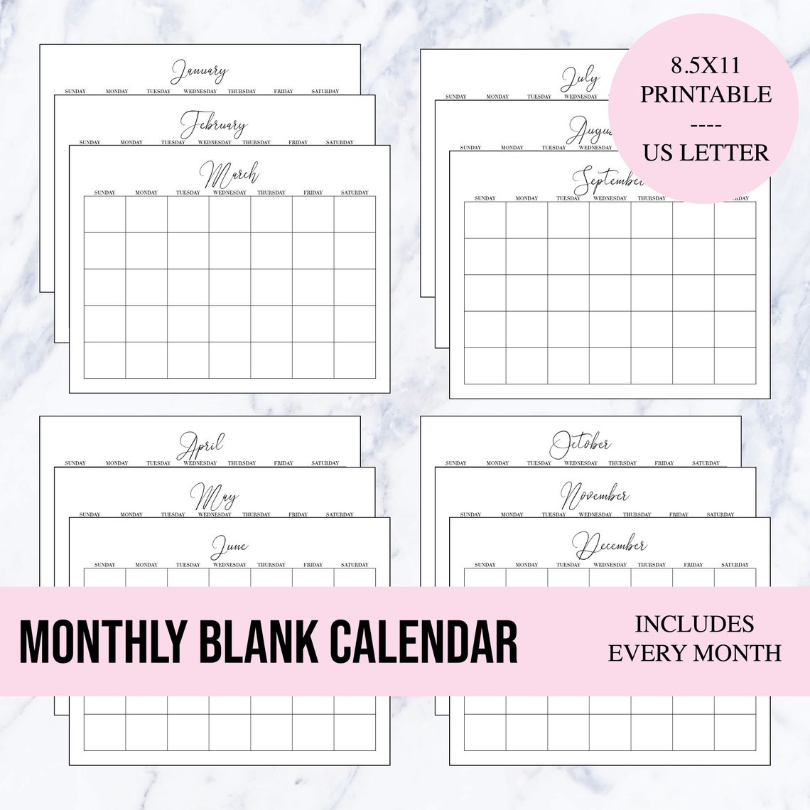 Simple Calendar - Monthly Blank Calendar - 11 X 8.5 Inches - Horizontal ...