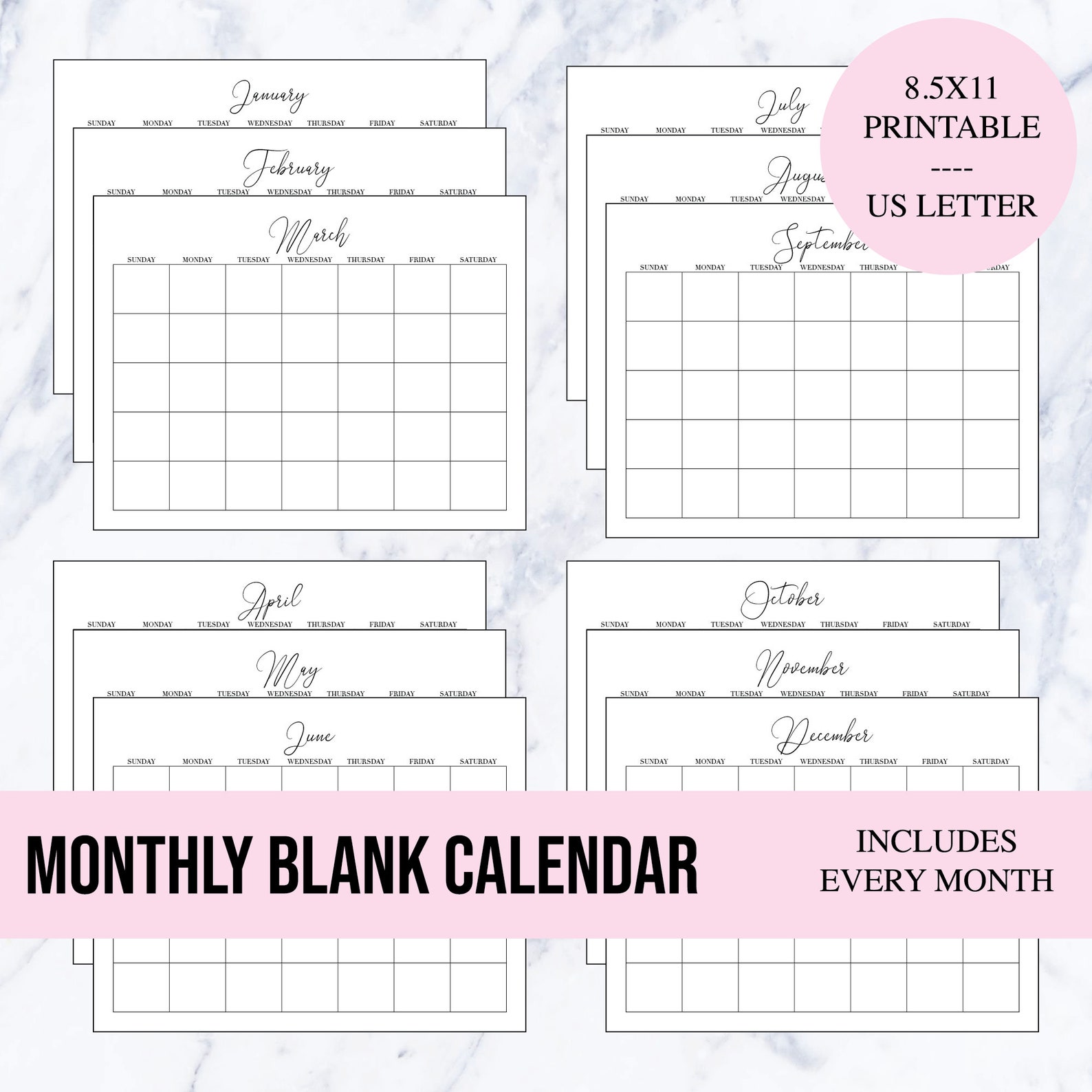 Simple Calendar - Monthly Blank Calendar - 11 X 8.5 Inches - Horizontal ...