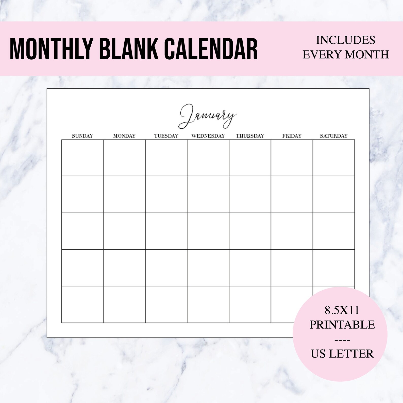Simple Calendar - Monthly Blank Calendar - 11 X 8.5 Inches - Horizontal ...