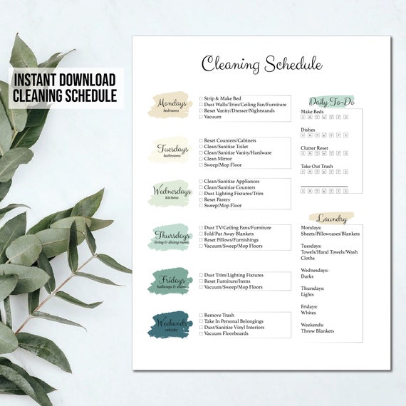 Printable Cleaning Schedule Clean Home Schedule Cleaning | Etsy