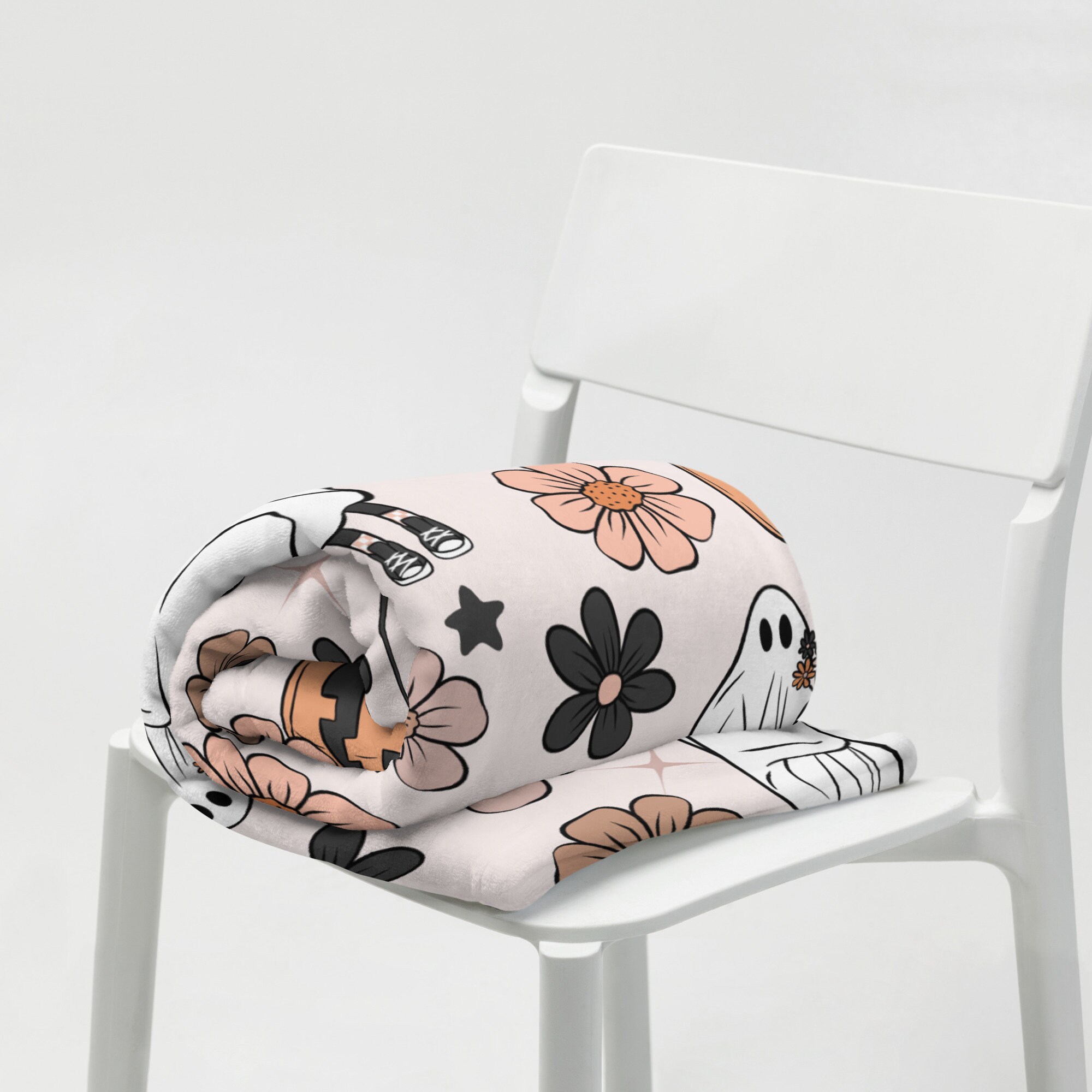 Cute Ghost Halloween Blanket With Pumpkins and Flowers Floral - Etsy