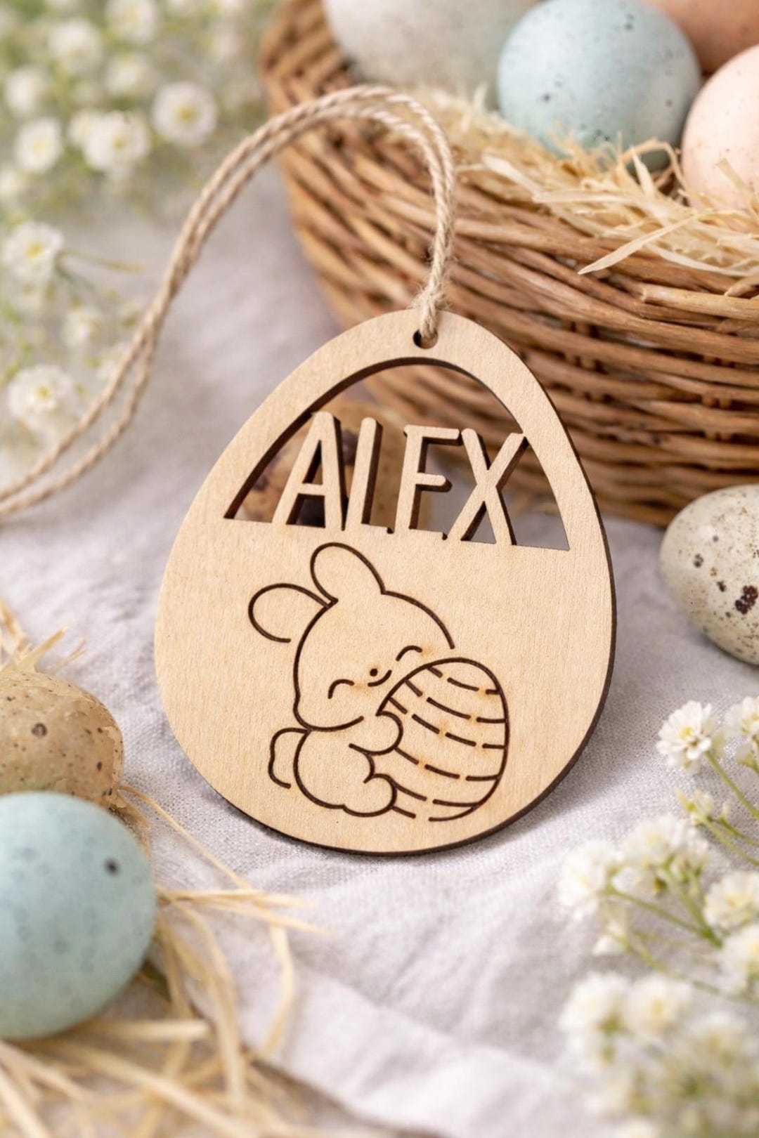 Personalized Easter Basket Tag|Wooden Egg Shape with Bunny Design|Custom Name Engraved Easter ...