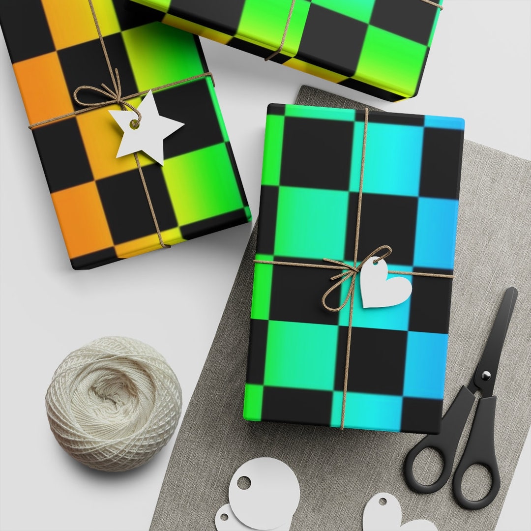 Neon Bright Wrapping Paper, Checker Paper, Rainbow Checkered Pattern ...