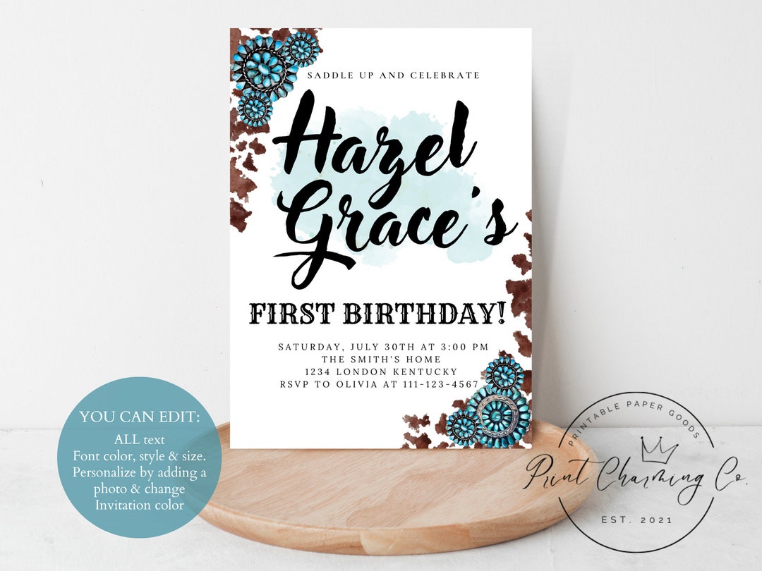 Western Turquoise Birthday Invitation, First Birthday Invitation ...