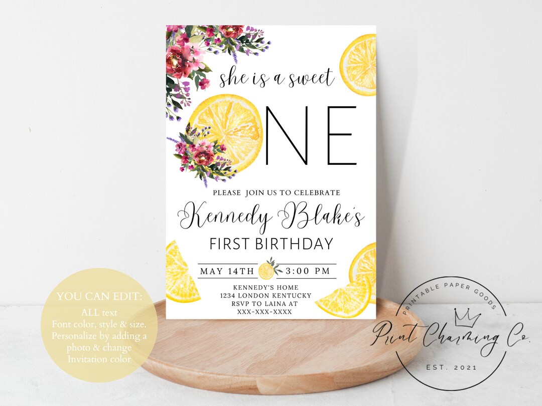 Editable Lemon Birthday Invitation, She's A Sweet One Birthday Invite ...