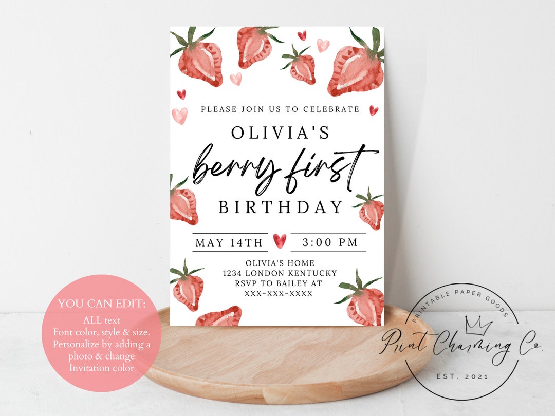 Editable Berry First Birthday Invitation Girl First Birthday - Etsy