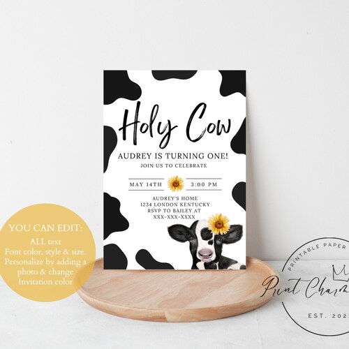 EDITABLE Holy Cow I'm One Invitation Cow First Birthday - Etsy