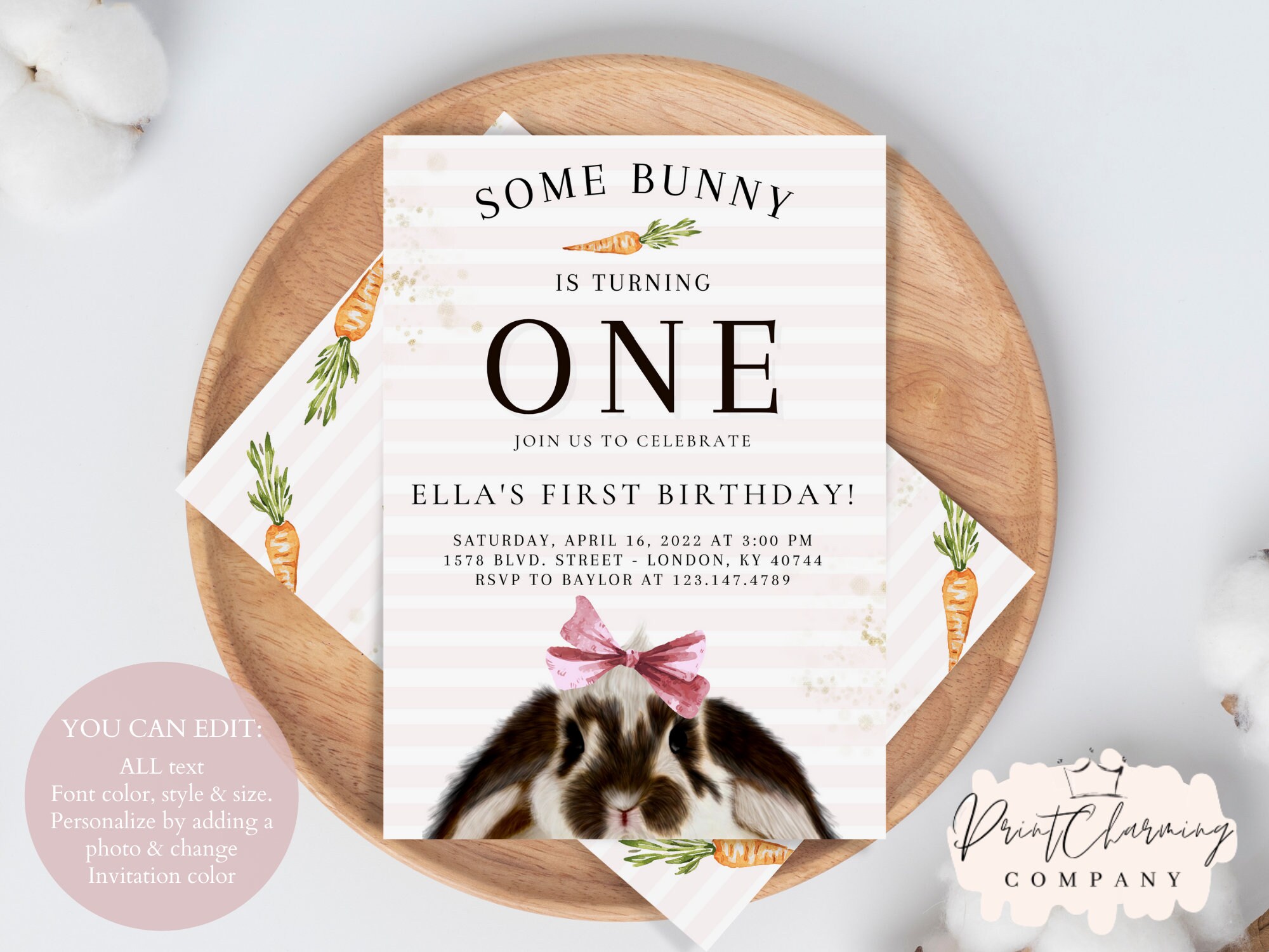 Bunny Birthday Invitation Template Some Bunny is One - Etsy