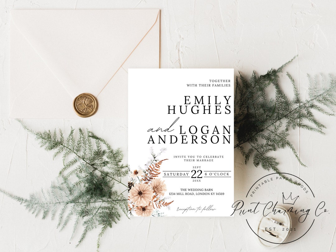Earthy Fall Wedding Invitation, Dried Floral Wedding Invite, Bohemian ...