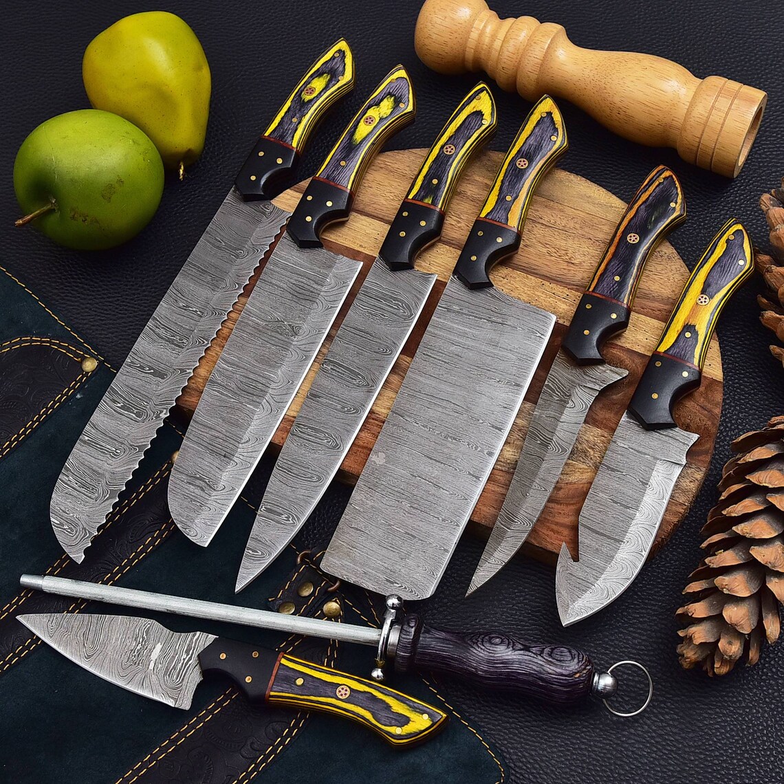 8 Pieces Handmade Damascus Kitchen Knife Chef's Knife Set and Leather ...