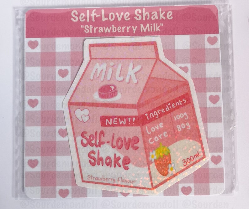 Self-love Shake Vinyl Sticker Pink Strawberry Milk Carton Holographic ...