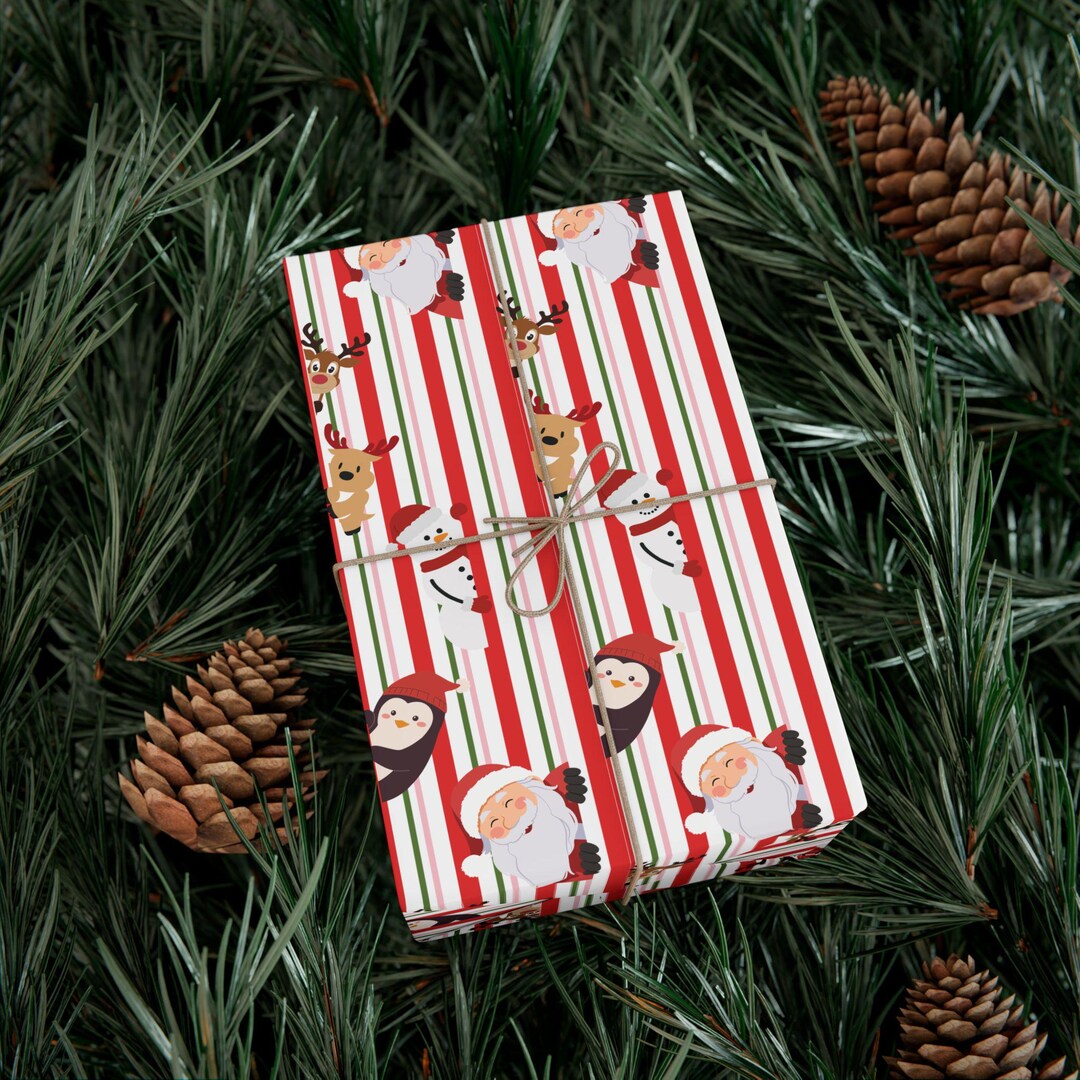 Santa and Reindeer Stripe Gift Wrap Papers | Christmas Wrapping Paper ...