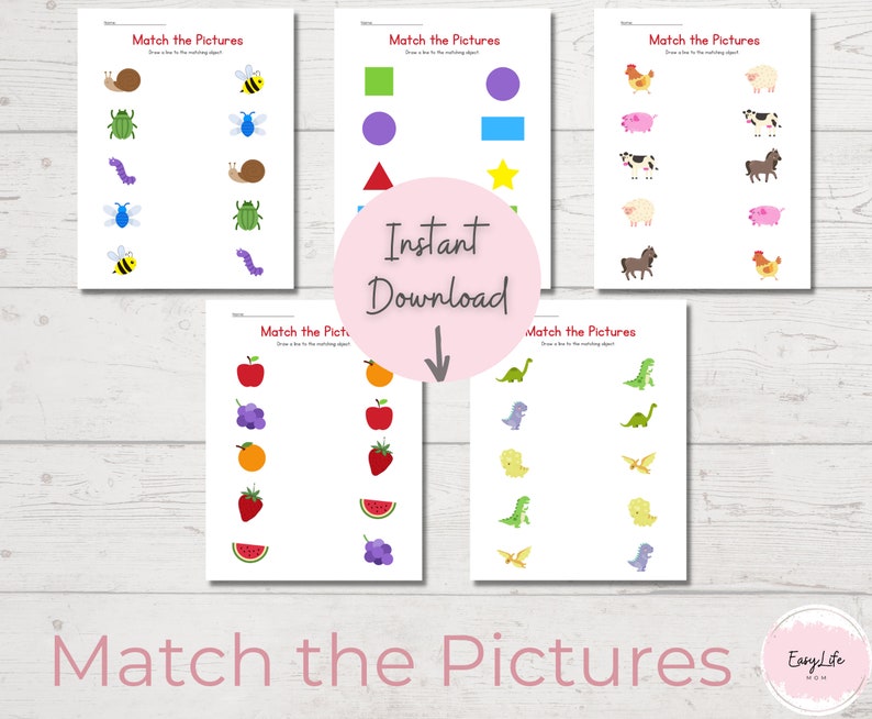 5 Printable Matching Worksheets, Match the Picture, Prek Worksheets ...