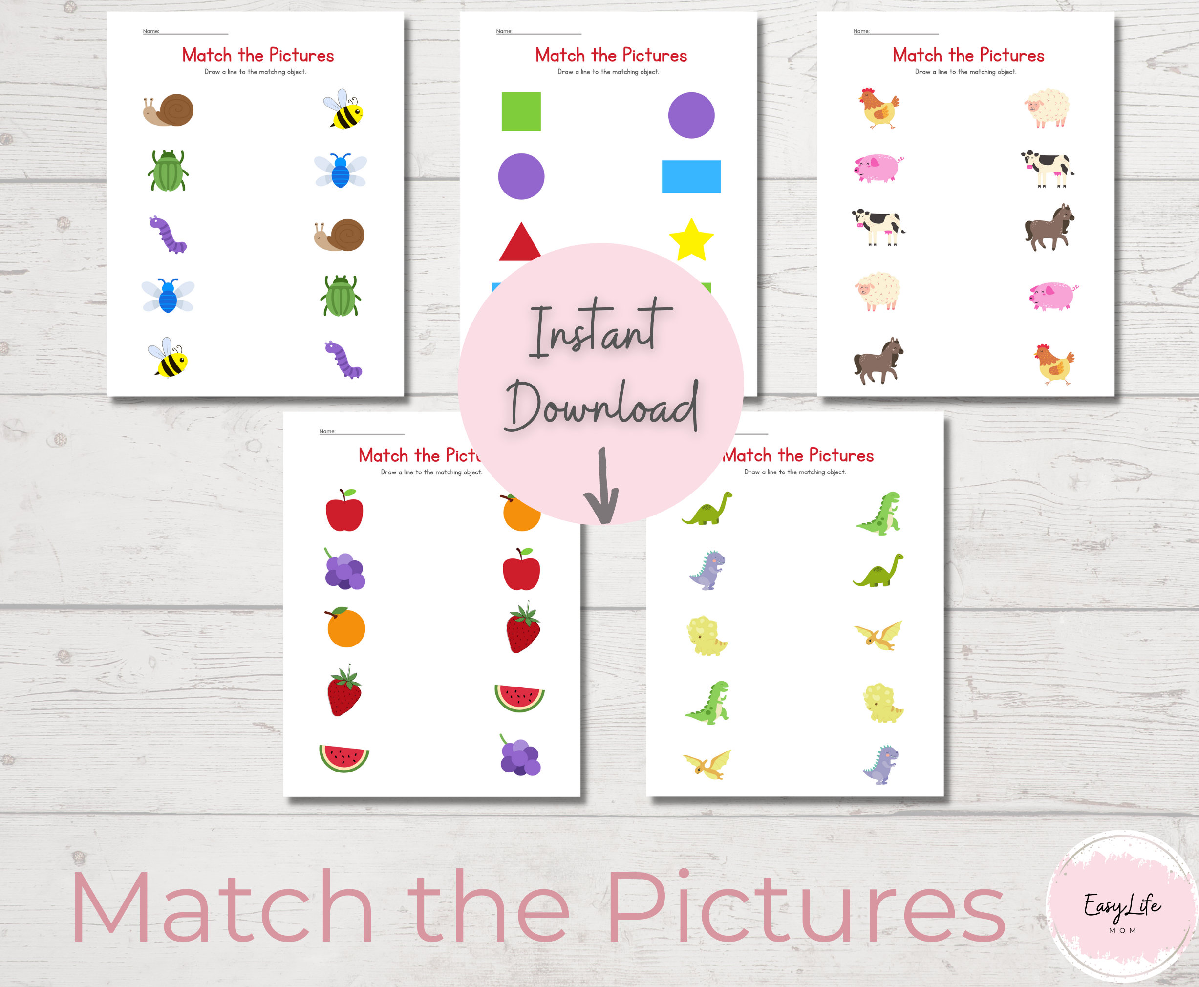 5 Printable Matching Worksheets Match the Picture Prek - Etsy