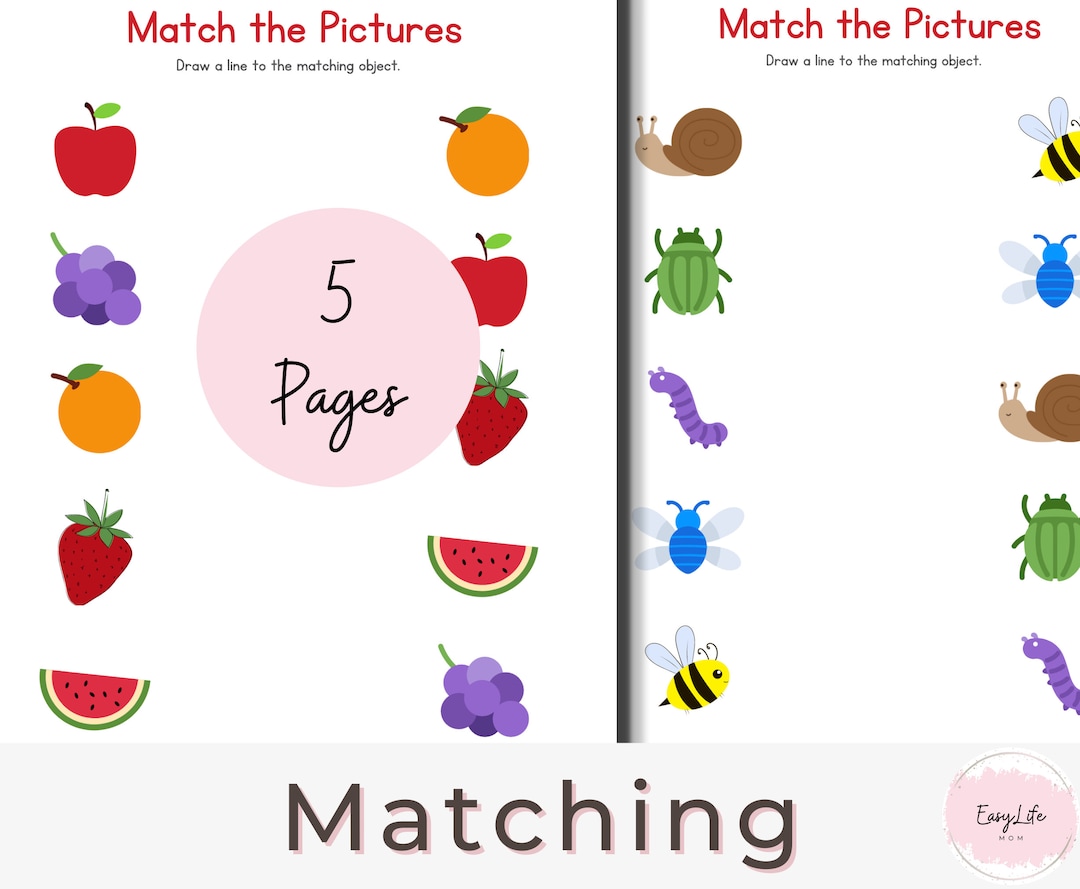 5 Printable Matching Worksheets, Match the Picture, Prek Worksheets ...