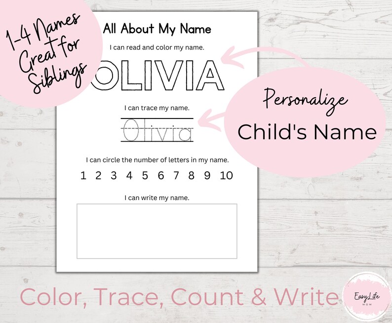 All About My Name, up to 4 Names Custom Name Practice, Name Practice ...