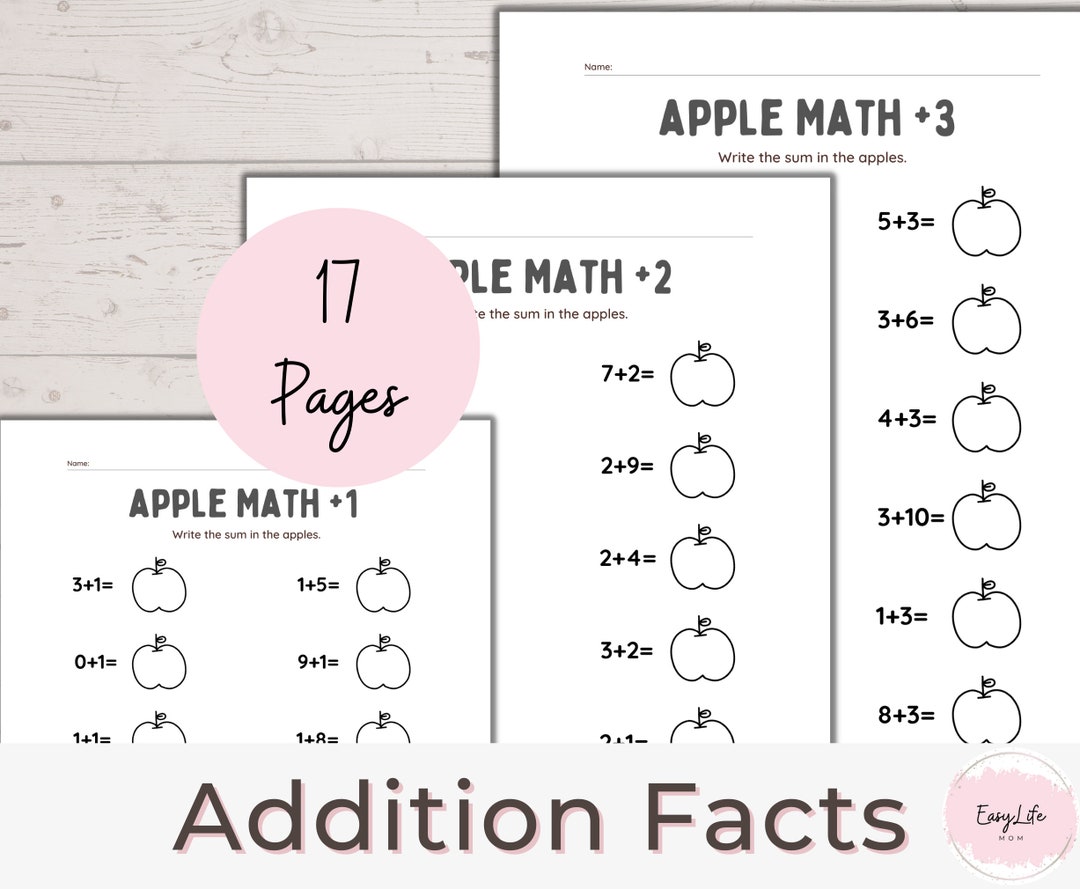 Kindergarten Addition Worksheets: Apple Math Facts to 10 (PDF Printable ...